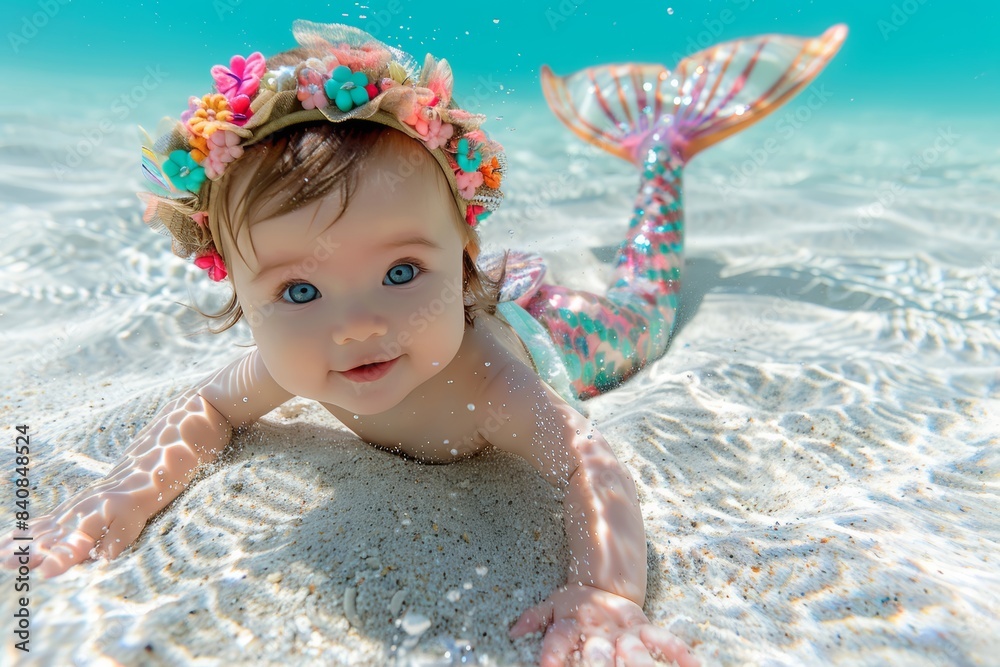 Adorable baby swimming underwater with a mermaid tail, capturing the ...