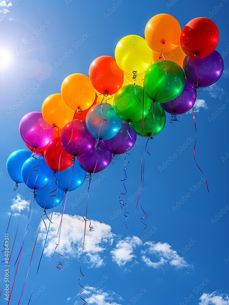 Bright multi-colored balloons fly into the sky, accompanied by confetti ...