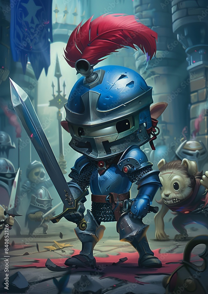 Cartoon knight in the middle, with great helmet with a red feather and ...