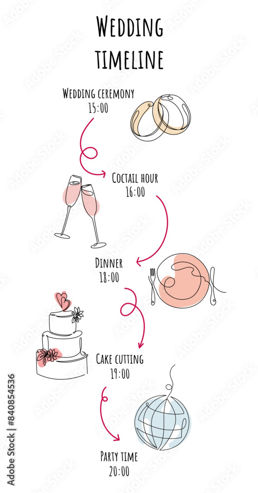 Wedding timeline template with line art icons. Organization and ...