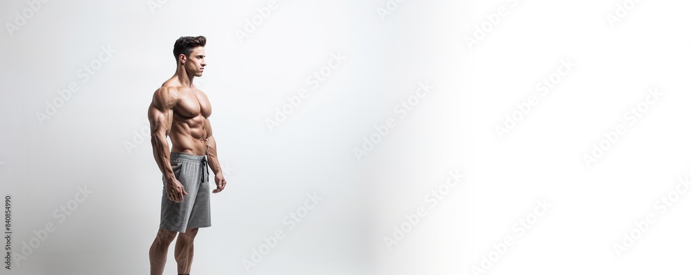 Body portrait of shirtless muscular male model on isolated gray Strong ...