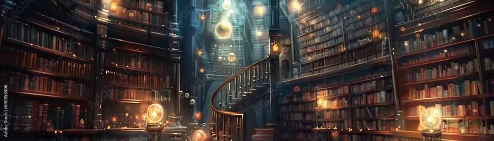 A magical, enchanted library with floating books, spiral staircases ...