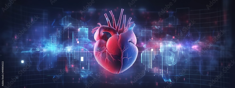 A digital heart with holographic graphs and charts overlaying it ...