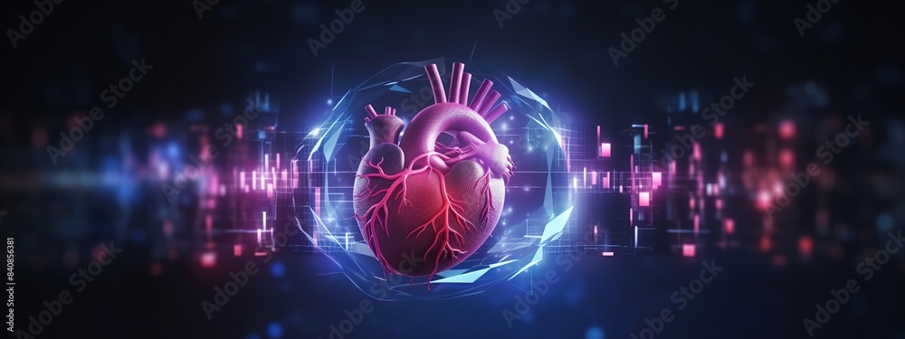 A digital heart with holographic graphs and charts overlaying it ...