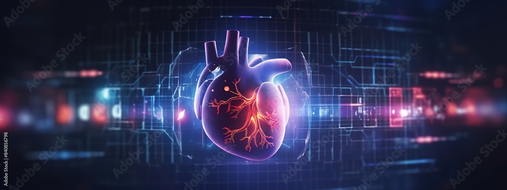 A digital heart with holographic graphs and charts overlaying it ...