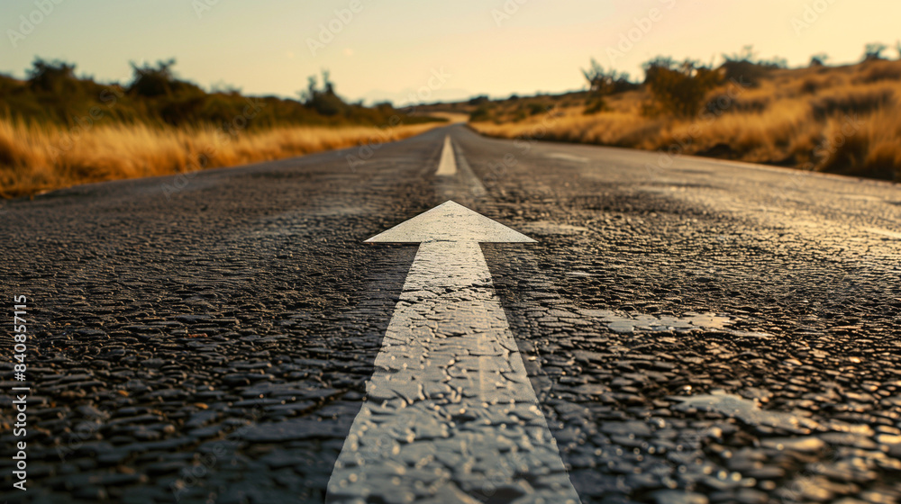An asphalt road stretches into the distance with a painted white arrow ...