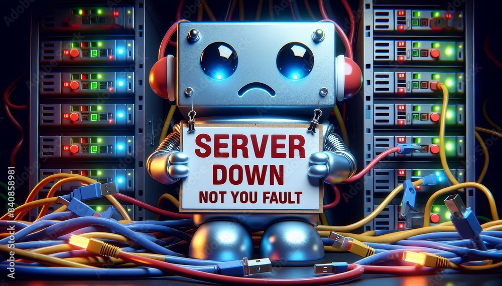 Sad robot with 'Server Down' sign in data center - An anthropomorphic ...