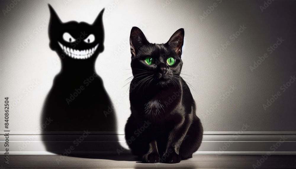 Black cat with eerie shadow resembling grin - A sleek black cat looks ...