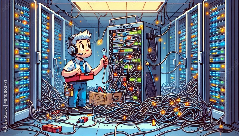 Technician in cluttered server room - A cartoon of a bewildered ...