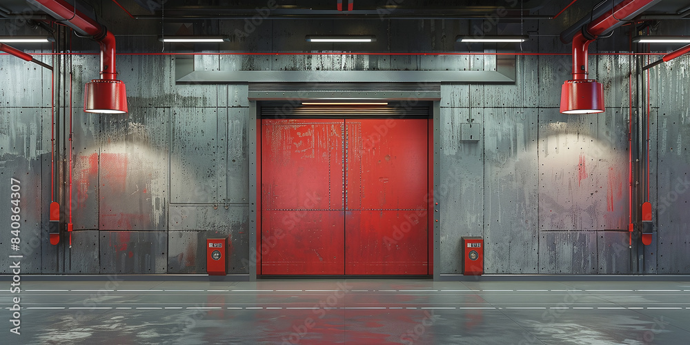 An underground hangar with a large red elevator door with a siren in a ...