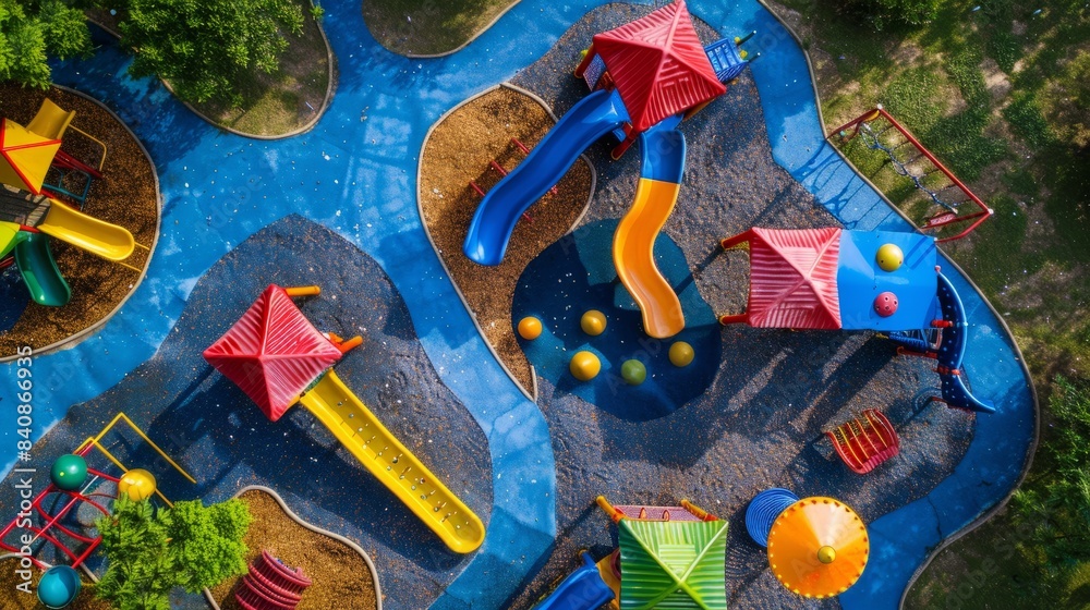 An overhead view of a colorful playground with various equipment ...