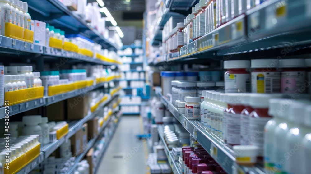 Rows of shelves in a pharmaceutical warehouse are neatly stocked with ...