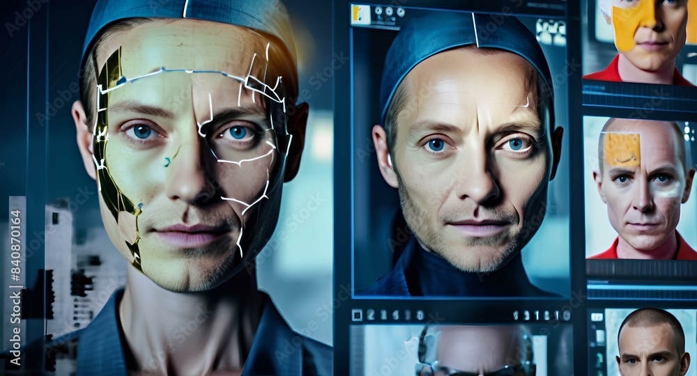 AI, Deepfake and machine learning. Facial tracking, detection and recognition technology Stock ...