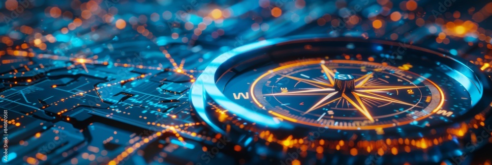 Abstract compass with digital data visualization background. Digital ...