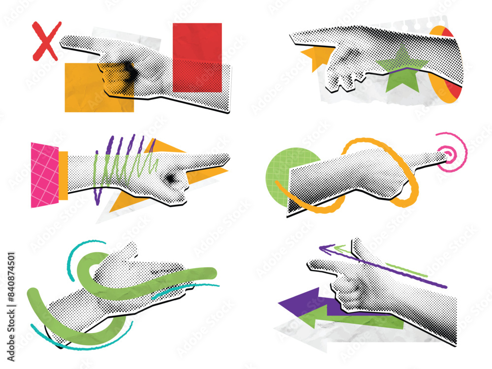 Halftone pointing hand collage. Mixed media direction hand gestures ...
