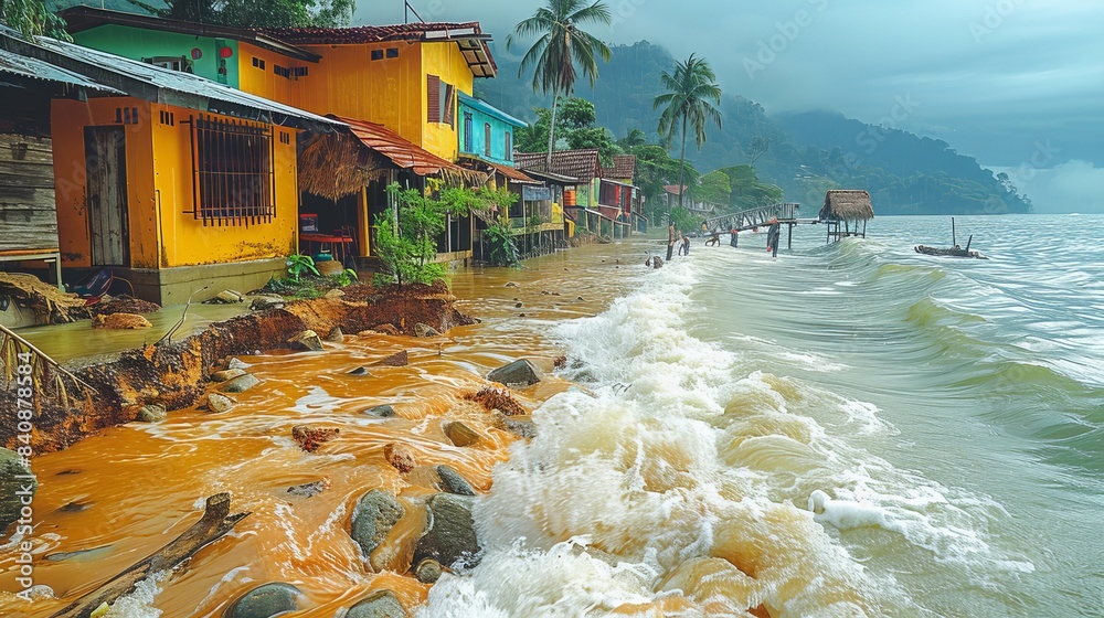 Coastal erosion and sea level rise. AI generate illustration Stock ...