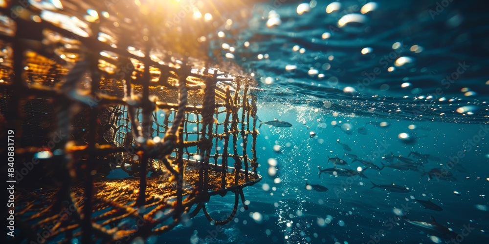 Underwater view of a fishing trap in the ocean, capturing fish and ...