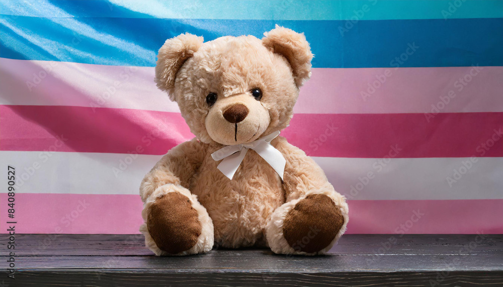 cute teddy bear sitting on the background of the transgender flag ...