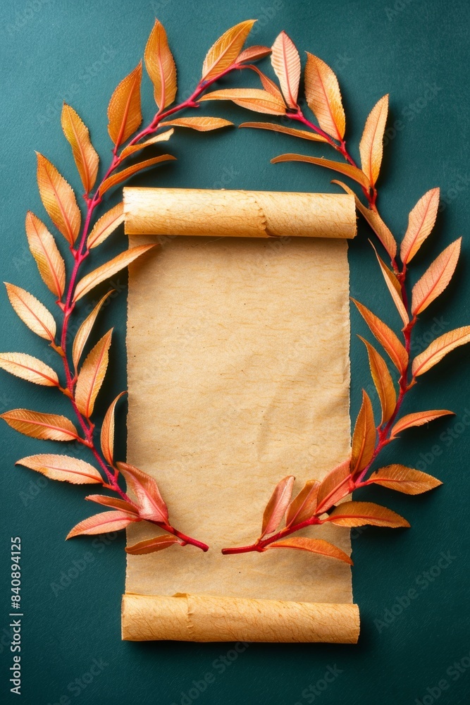 An ancient scroll of parchment, partially unrolled, rests on a textured ...