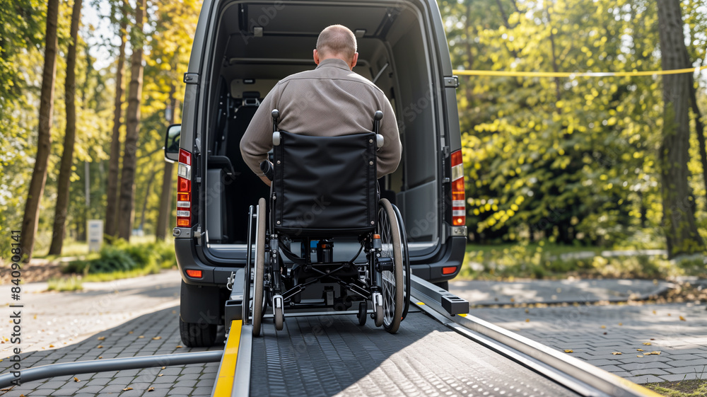 Disabled man in a wheelchair going in a specialized vehicle with a ramp ...