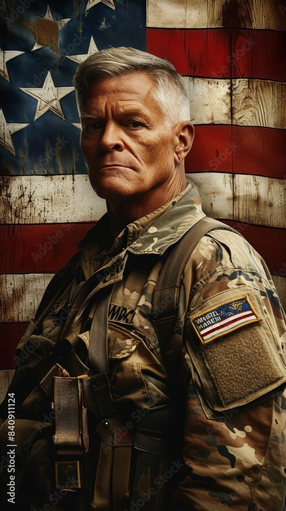 old white american soldier in front of the flag, USA flag, union flag ...