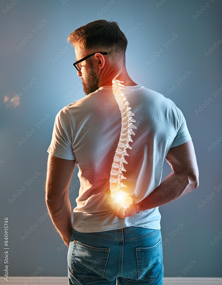 Spinal health representation. Man with back pain with glowing ...