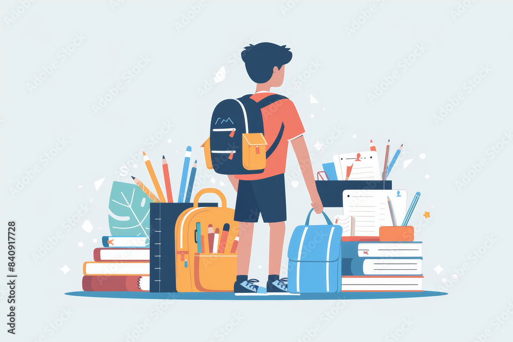 Flat illustration of a child packing a backpack with school supplies ...