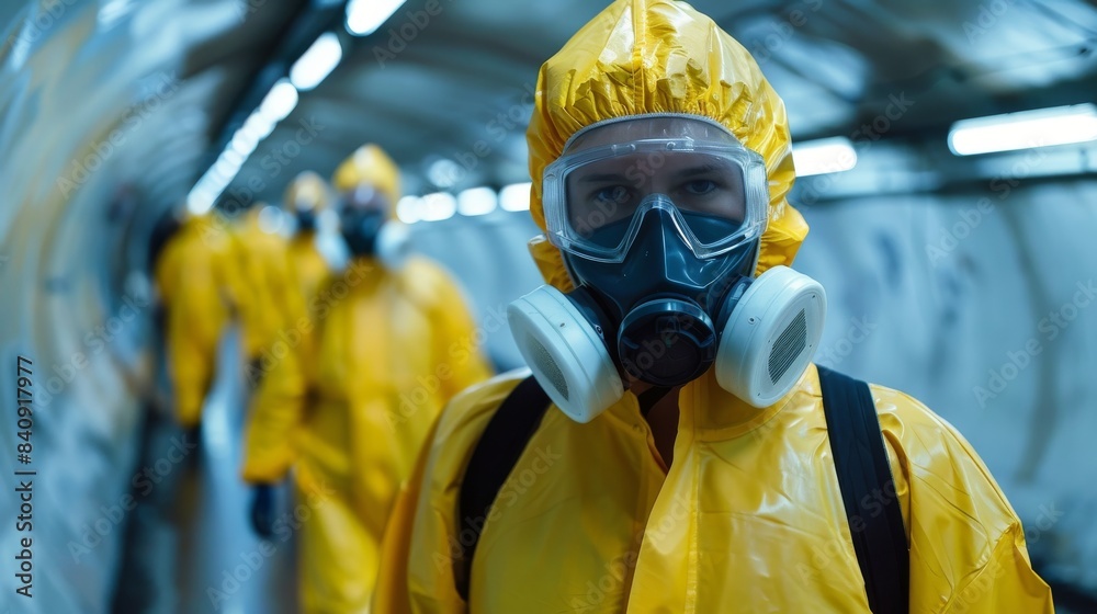 A group of individuals donned in yellow hazmat suits in an industrial ...