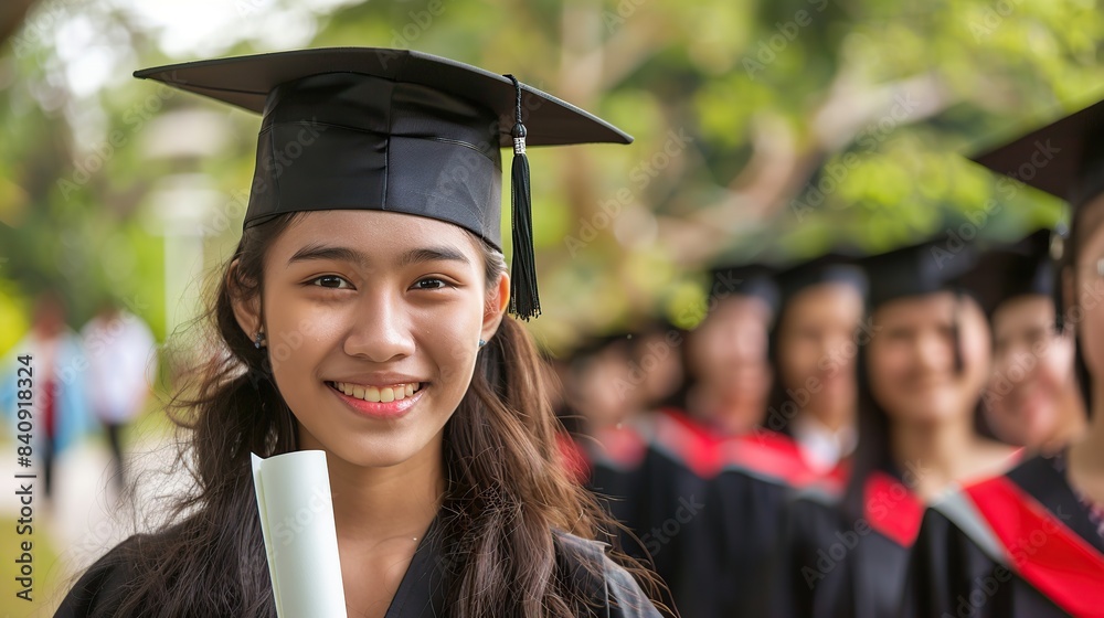 Young Asian graduated girl holding his graduation degree convocation ...