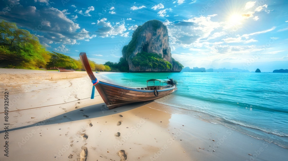 Idyllic beach scene with a traditional wooden boat on sandy shore, blue ...
