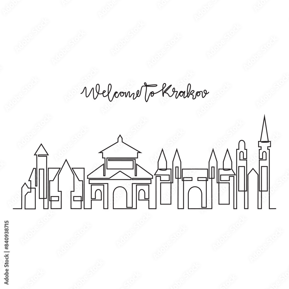 One continuous line drawing of Krakow skyline vector illustration ...