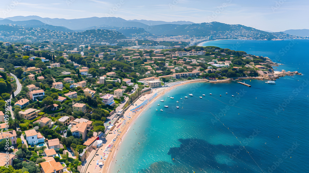 town of sainte maxime beach and waterfront aerial panoramic view isolated on white background ...