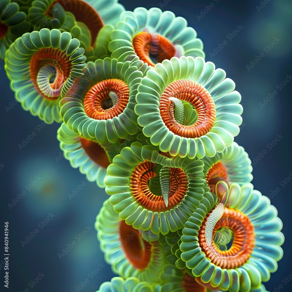 Close-up of bull tapeworm segments with hooks. Parasitic worm with ...