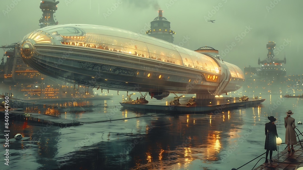 retrofuturistic airship docking at a floating skyport with passengers ...