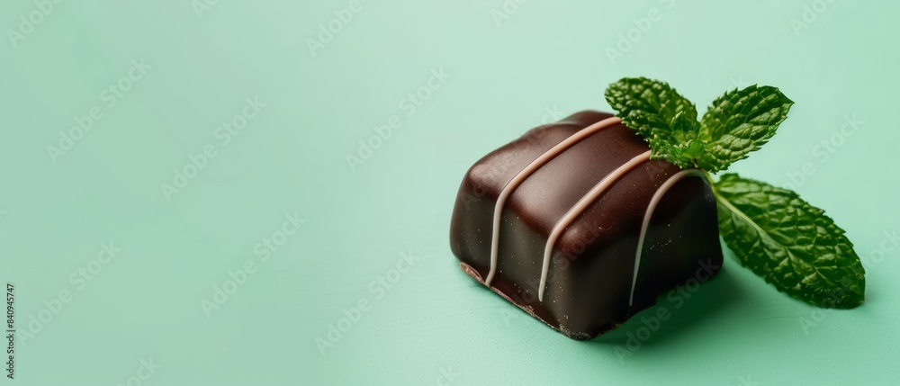 Chocolate Praline with Mint Leaves on Mint Green Background, Indulgent ...