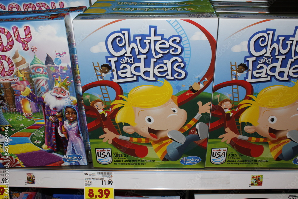 Hasbro Chutes and Ladders closeup shelf boxes Supermarket Stock Photo ...
