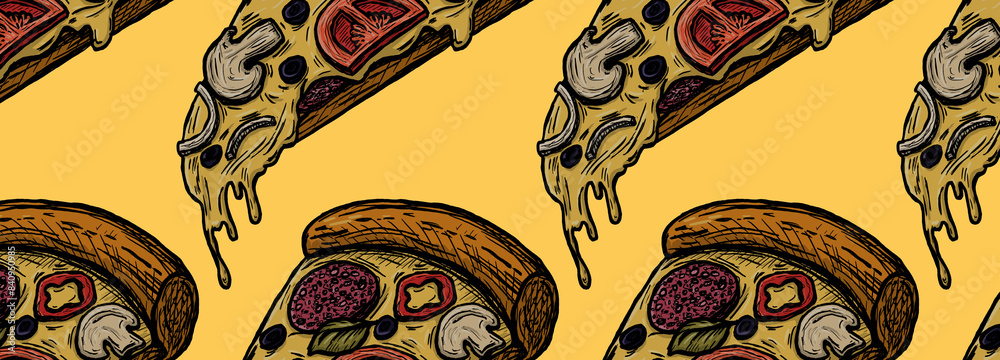 Cartoon pizza slices hand draw illustration texture pattern background ...