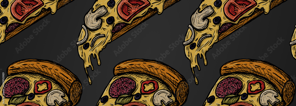Cartoon pizza slices hand draw illustration texture pattern background ...