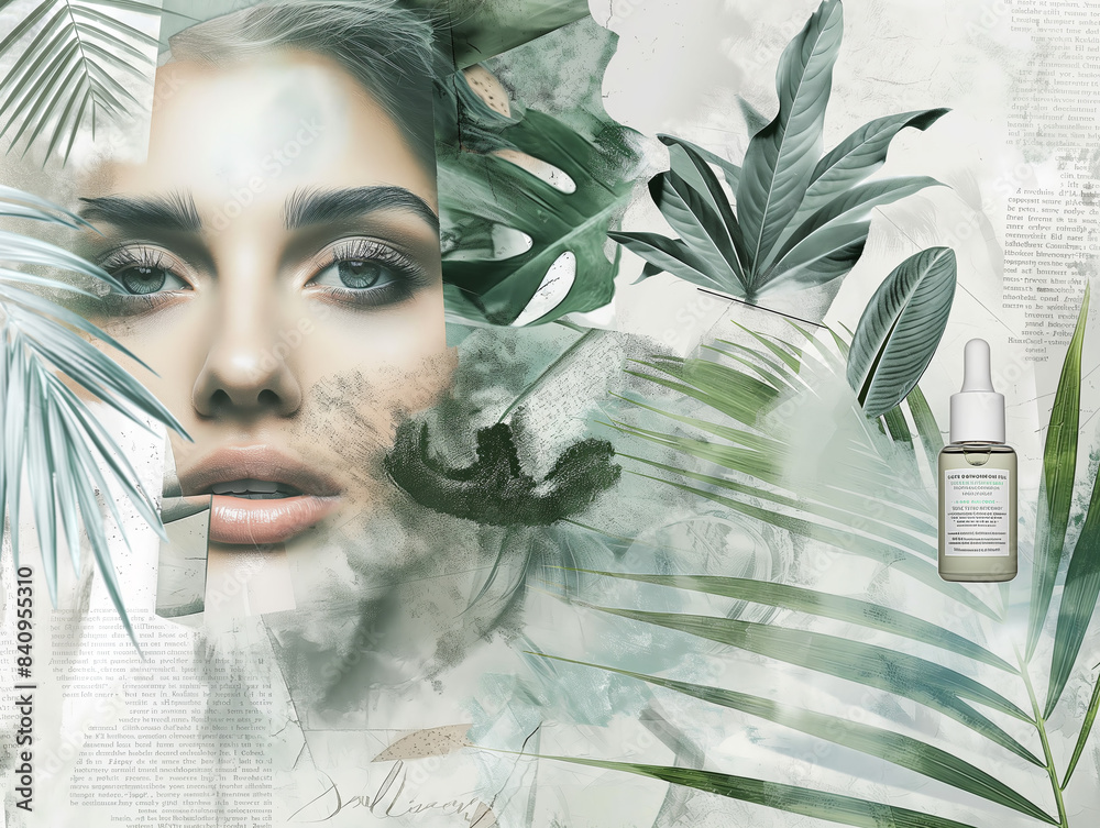 Collage of Skincare Terminology, Lotion and Oil Swatches, Palm Leaves ...