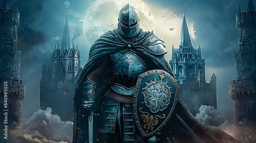 epic powerful medieval knight with sword and metal shield guardian ...