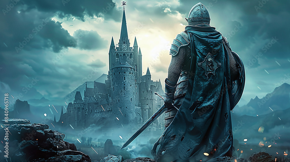 rear view of epic powerful medieval knight with sword and metal shield ...