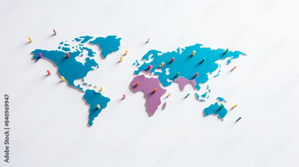 Colorful world map with pins marking different locations on a white ...