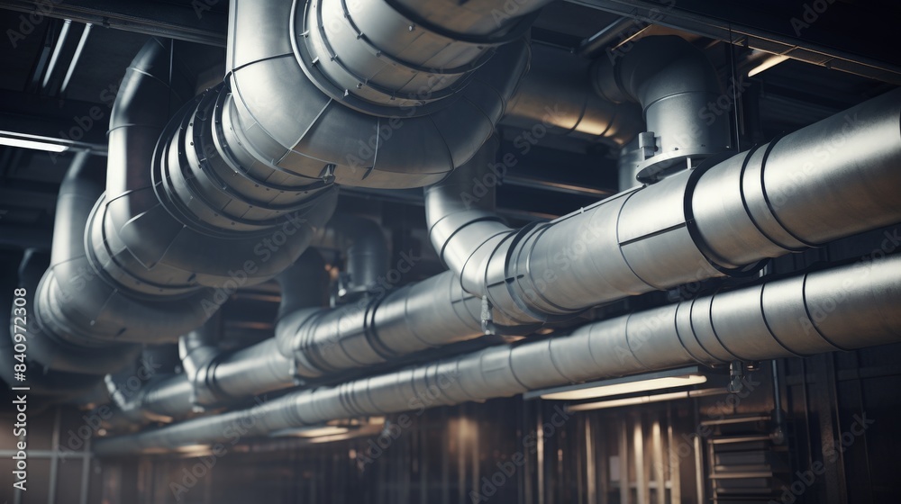 Industrial metal pipes and ducts in a modern factory setting ...