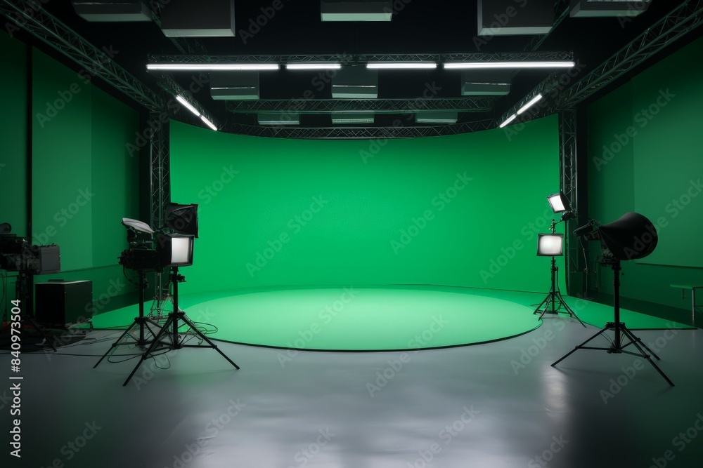 Professional green screen studio setup with lighting equipment and a ...