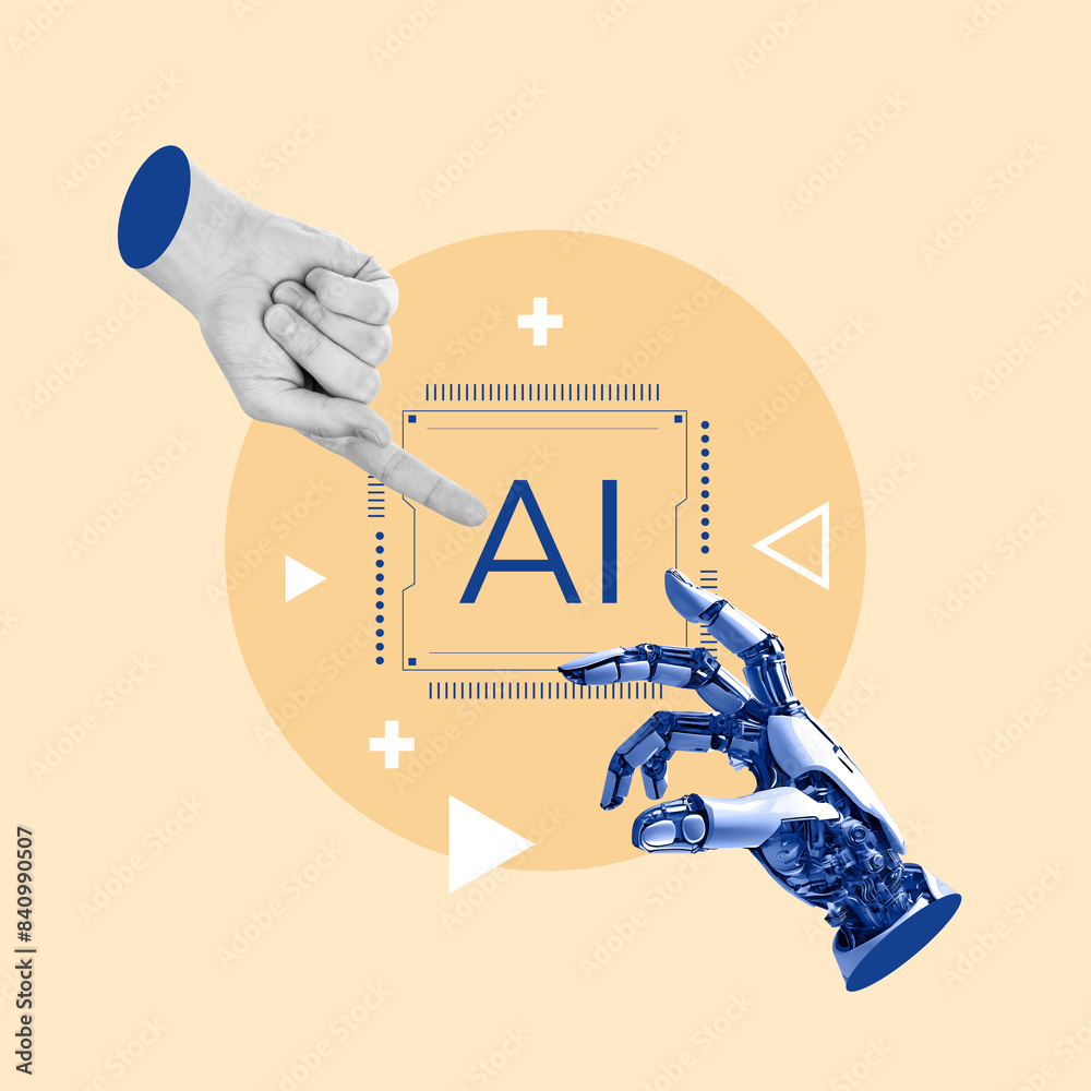 Robotic hand, cyborg, pointing his finger, human hand, stretched finger ...