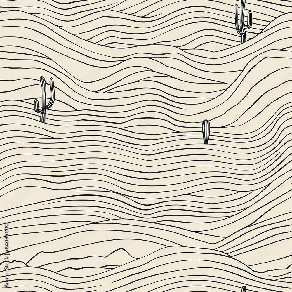 An abstract line drawing of a desert landscape, with sand dunes and ...