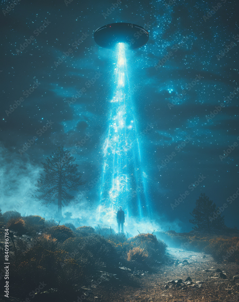 Minimalist Design A Giant Black Ufo Blue Shines A Beam Of Light