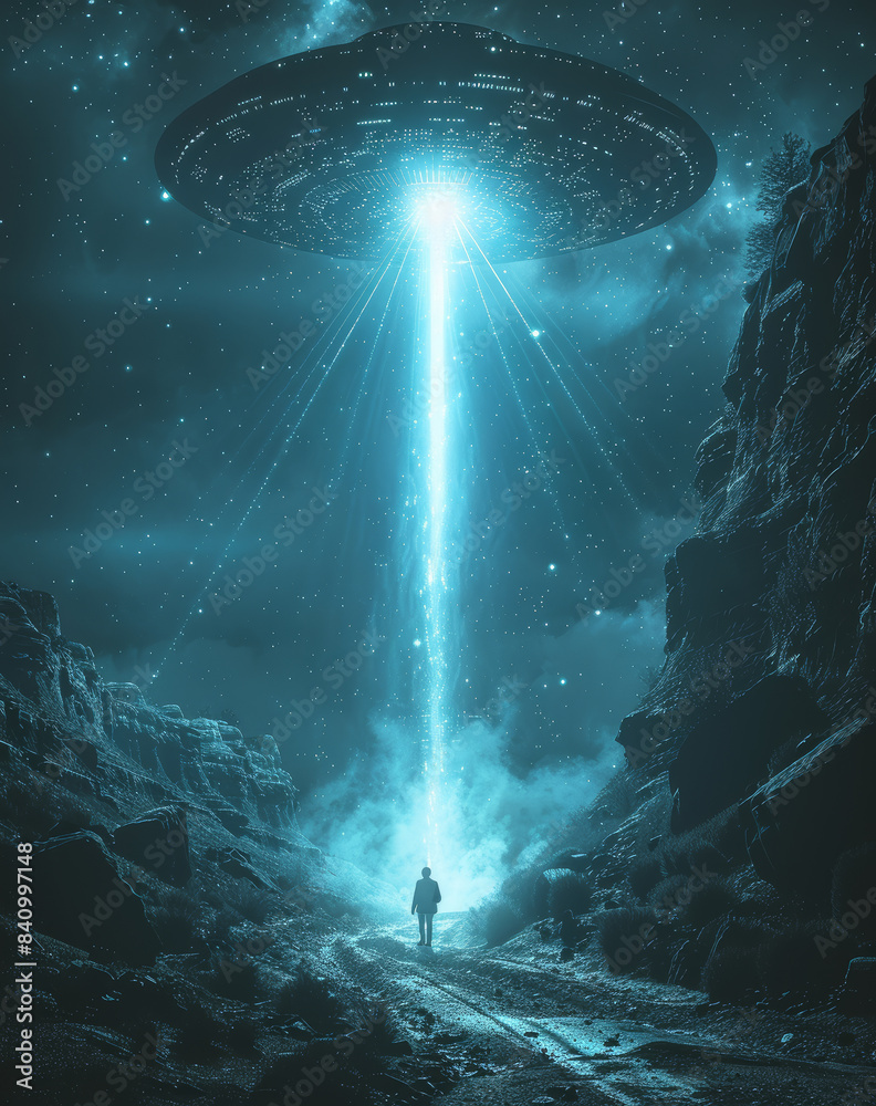 Minimalist Design A Giant Black Ufo Blue Shines A Beam Of Light