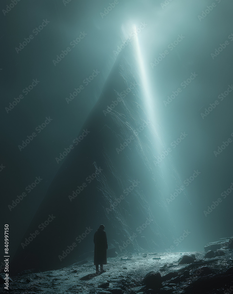 Minimalist Design A Giant Black Ufo Blue Shines A Beam Of Light