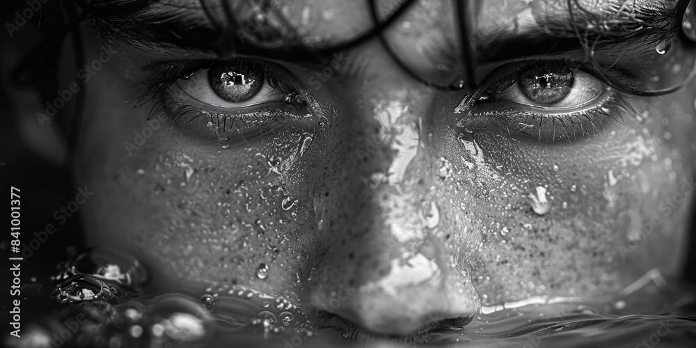 Detailed black and white close-up image of a person's intense eyes just ...